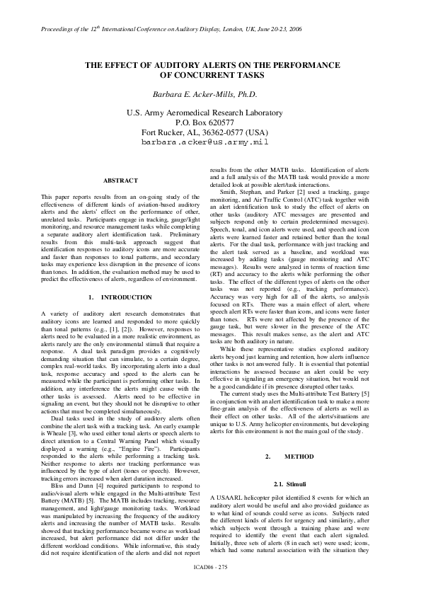 (PDF) The effect of auditory alerts on the performance of concurrent tasks