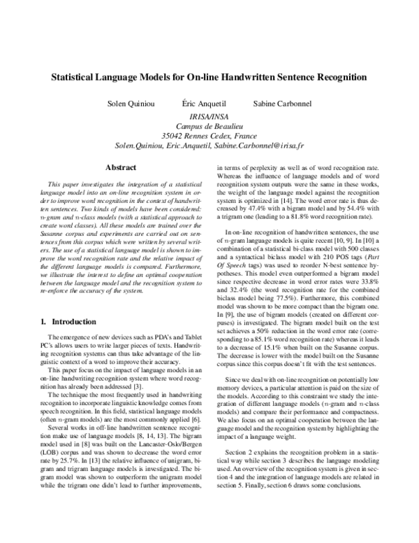 (PDF) Statistical language models for on-line handwritten sentence recognition