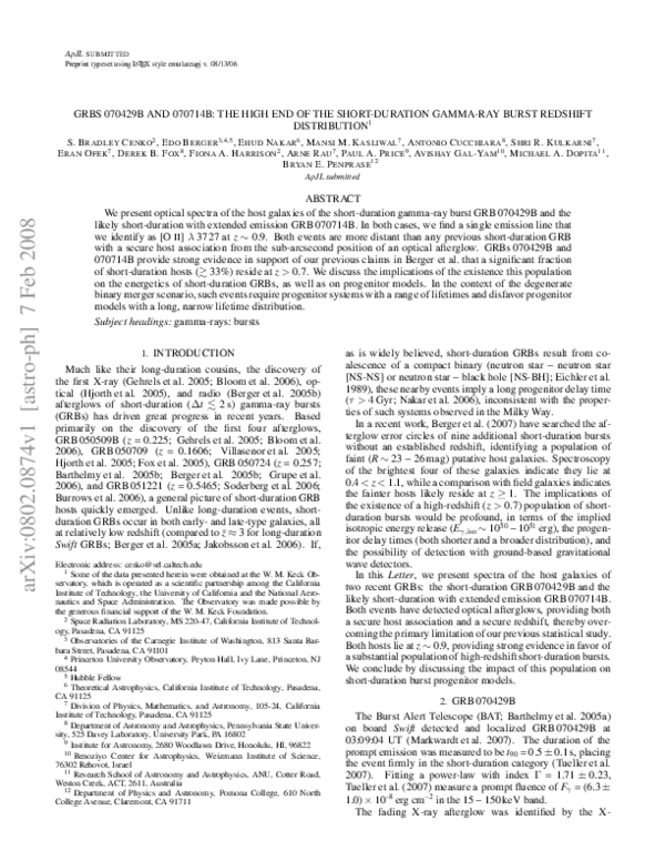 (PDF) GRBs 070429B and 070714B: The High End of the Short-Duration ...