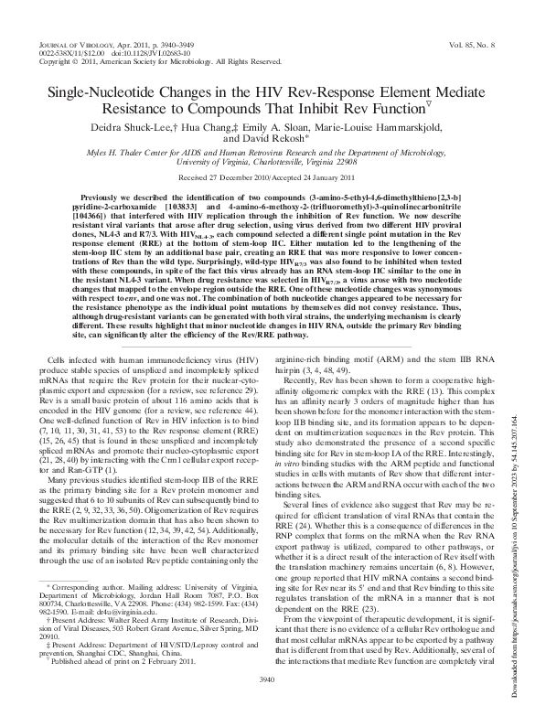 (PDF) Single-Nucleotide Changes in the HIV Rev-Response Element Mediate ...
