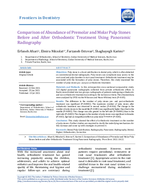 (PDF) Comparison of Abundance of Premolar and Molar Pulp Stones Before ...