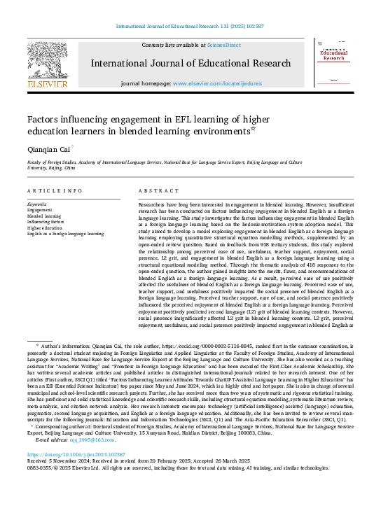 (PDF) Factors influencing engagement in EFL learning of higher education learners in blended ...