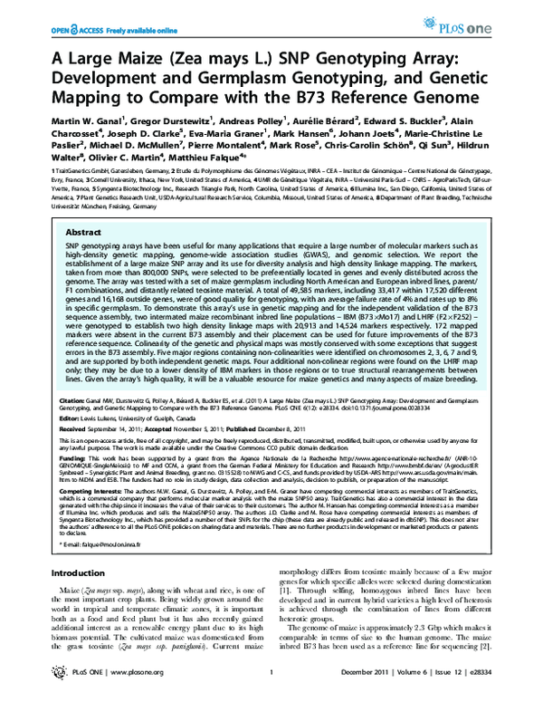 (PDF) A Large Maize (Zea mays L.) SNP Genotyping Array: Development and Germplasm Genotyping ...