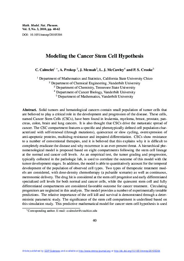 (PDF) Modeling the Cancer Stem Cell Hypothesis