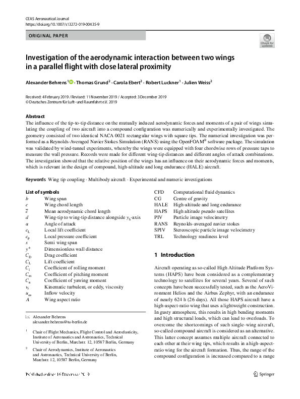 (PDF) Investigation of the aerodynamic interaction between two wings in ...