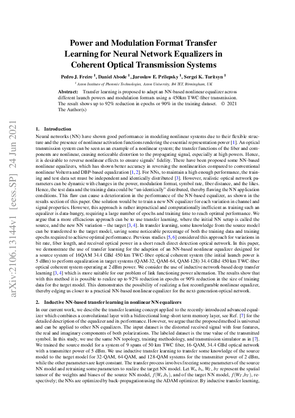 (PDF) Power and Modulation Format Transfer Learning for Neural Network Equalizers in Coherent ...