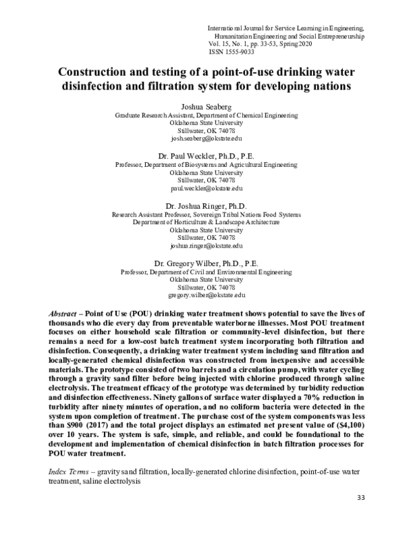 (PDF) Construction and testing of a drinking water disinfection and ...