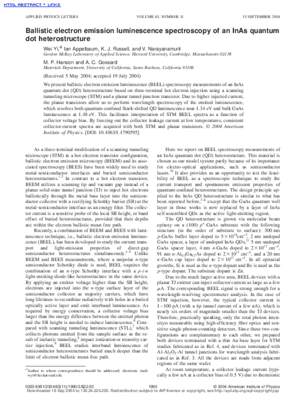 (PDF) Ballistic electron emission luminescence spectroscopy of an InAs ...