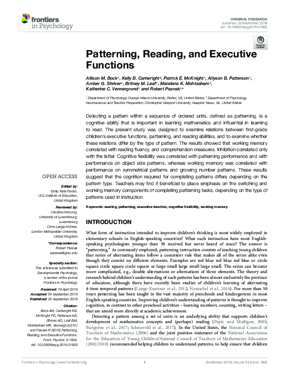 (PDF) Patterning, Reading, and Executive Functions