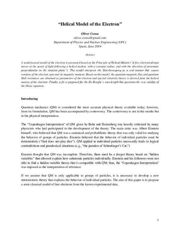 (PDF) Helical Model of the Electron