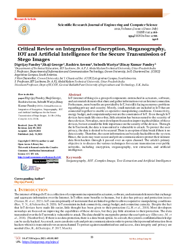 (PDF) Critical Review on Integration of Encryption, Steganography, IOT and Artificial ...