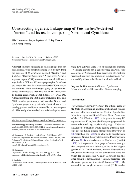 (PDF) Constructing a genetic linkage map of Vitis aestivalis-derived “Norton” and its use in ...