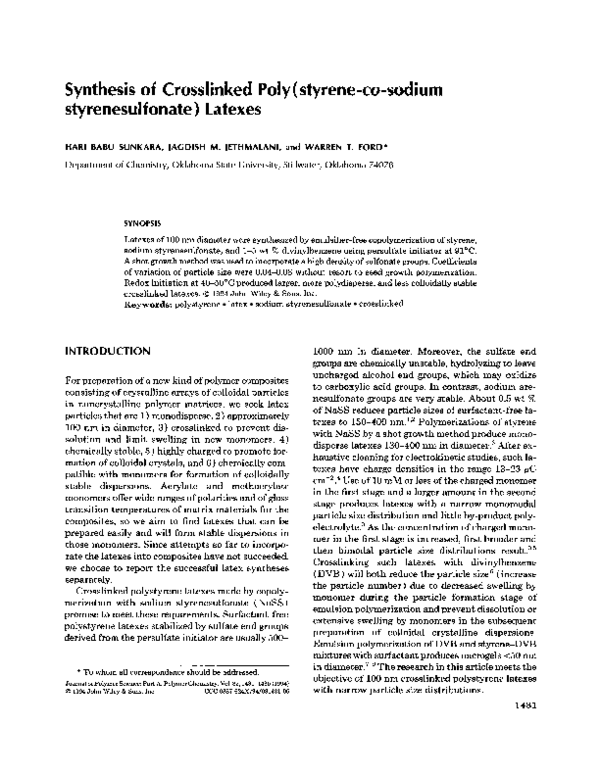 (PDF) Synthesis of crosslinked poly(styrene‐co‐sodium styrenesulfonate) latexes