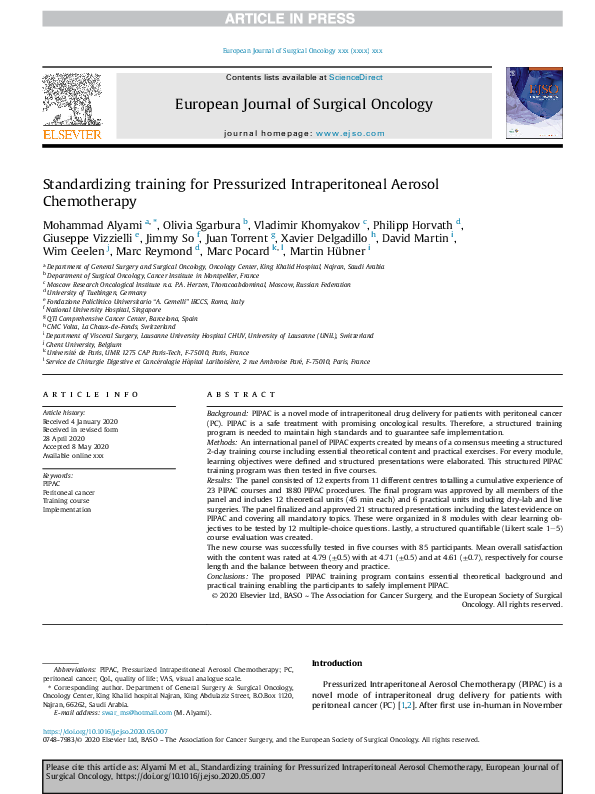 (PDF) Standardizing training for Pressurized Intraperitoneal Aerosol ...