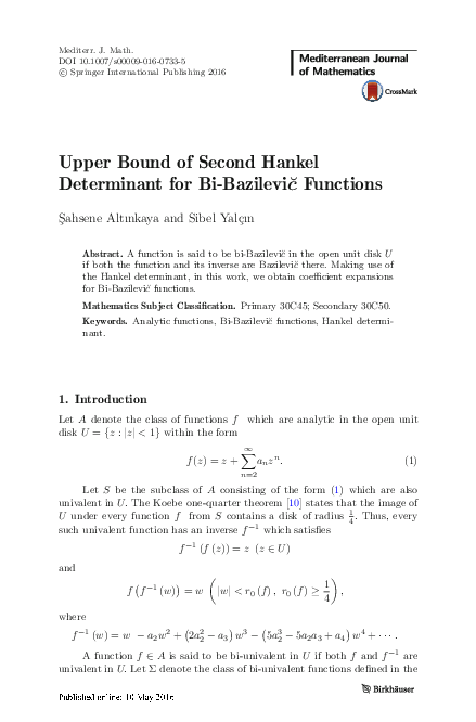 (PDF) Upper Bound of Second Hankel Determinant for Bi-Bazilevic̆ Functions
