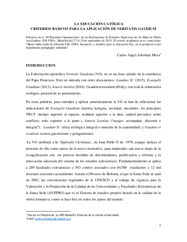 (PDF) LA EDUCACIÓN CATÓLICA CRITERIOS BASICOS PARA LA APLICACIÓN DE VERITATIS GAUDIUM