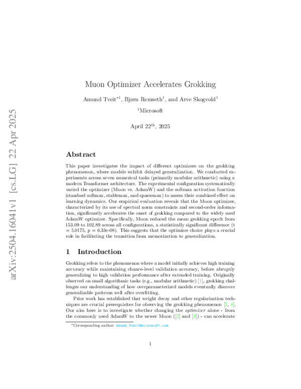 (PDF) Muon Optimizer Accelerates Grokking