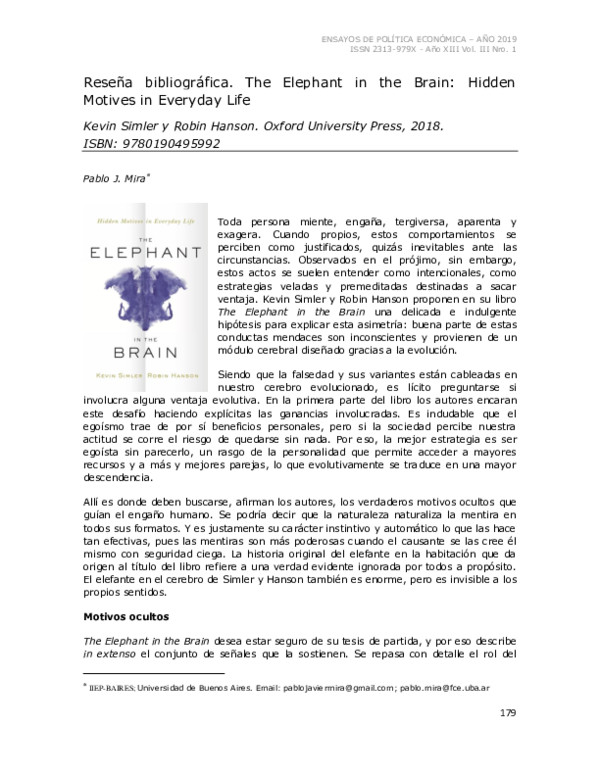(PDF) Kevin Simler y Robin Hanson (2018). The Elephant in the Brain ...