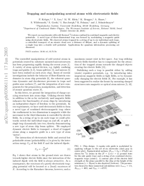 (PDF) Trapping and Manipulating Neutral Atoms with Electrostatic Fields