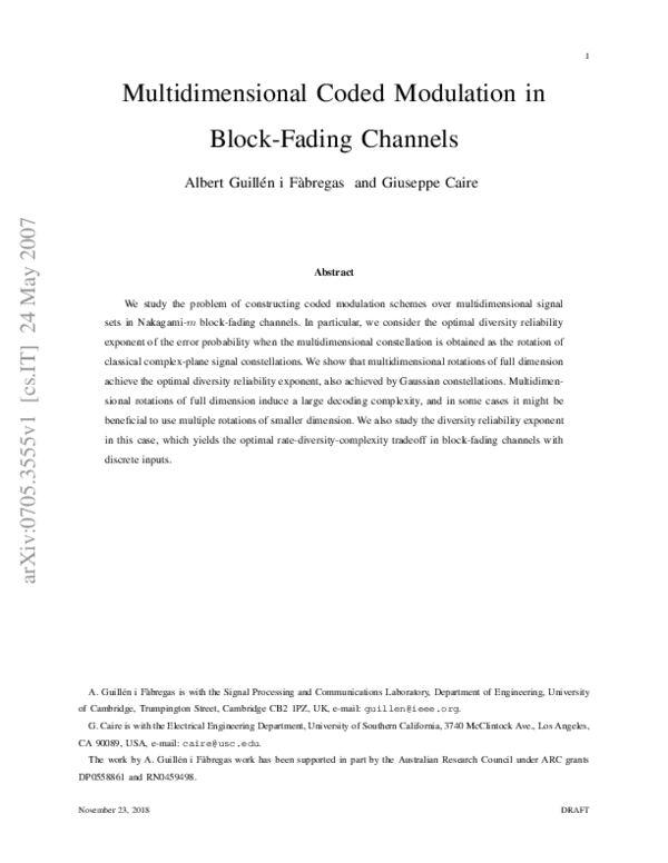 (PDF) Multidimensional Coded Modulation in Block-Fading Channnels