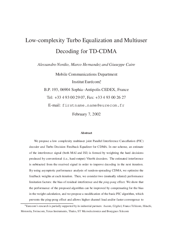 (PDF) Low-Complexity Turbo Equalization and Multiuser Decoding for TD-CDMA