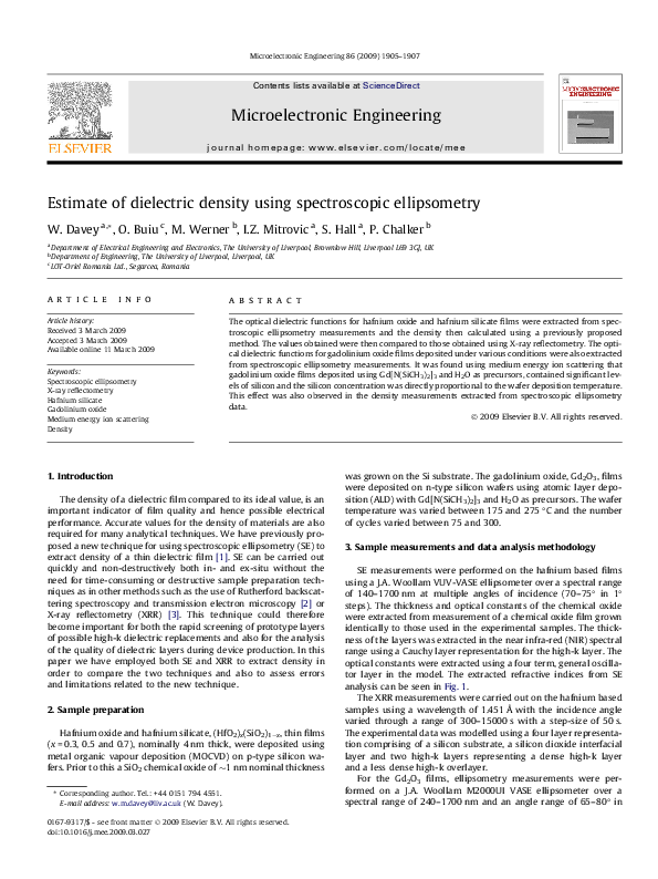 (PDF) Estimate of dielectric density using spectroscopic ellipsometry