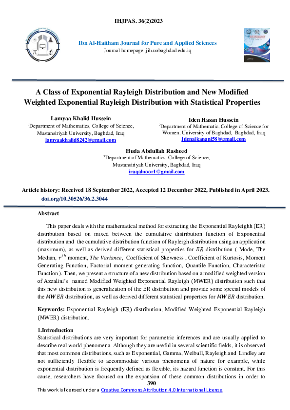 (PDF) A Class of Exponential Rayleigh Distribution and New Modified Weighted Exponential ...