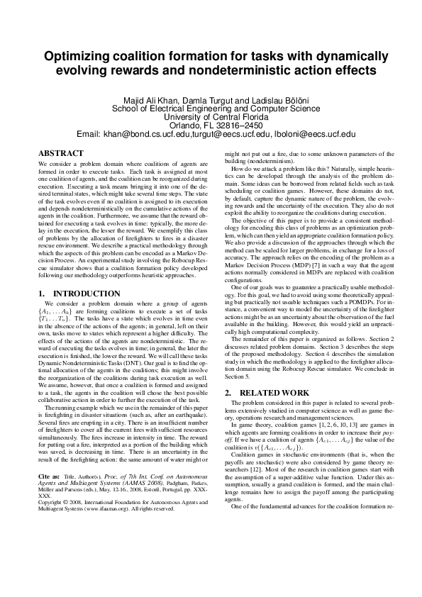 (PDF) Optimizing coalition formation for tasks with dynamically evolving rewards and ...