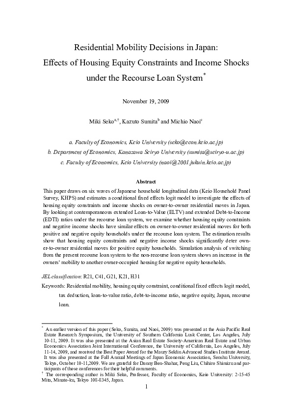 (PDF) Residential Mobility Decisions in Japan: Effects of Housing Equity Constraints and Income ...