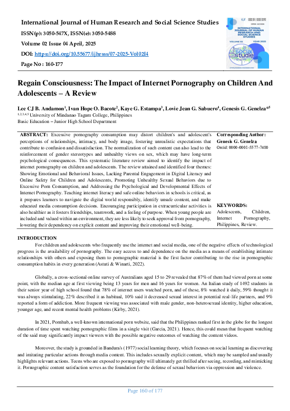 (PDF) Regain Consciousness: The Impact of Internet Pornography on Children And Adolescents -A Review