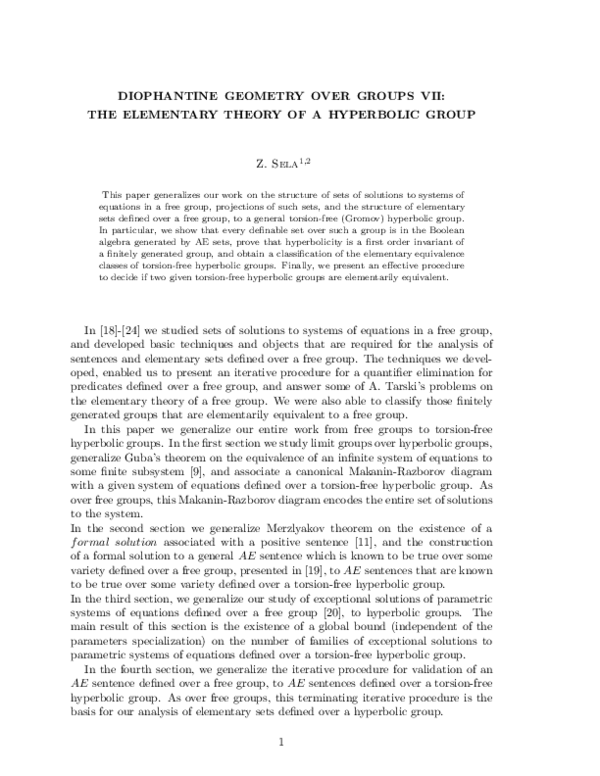 (PDF) Diophantine geometry over groups VII: The elementary theory of a hyperbolic group