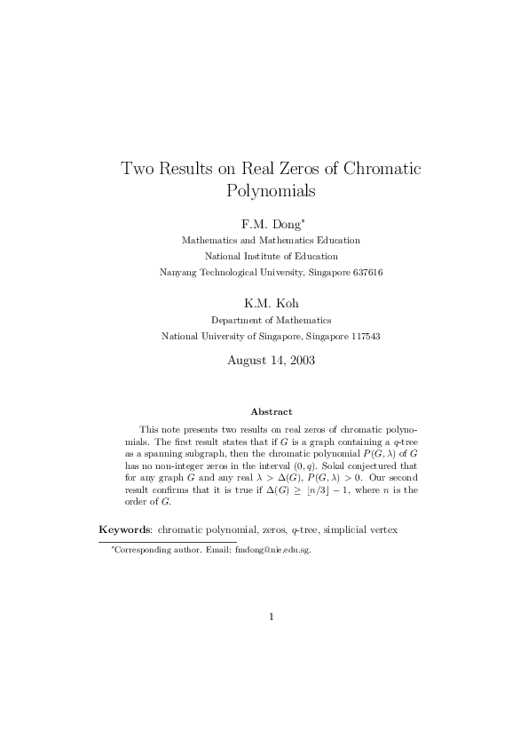 (PDF) Two Results on Real Zeros of Chromatic Polynomials