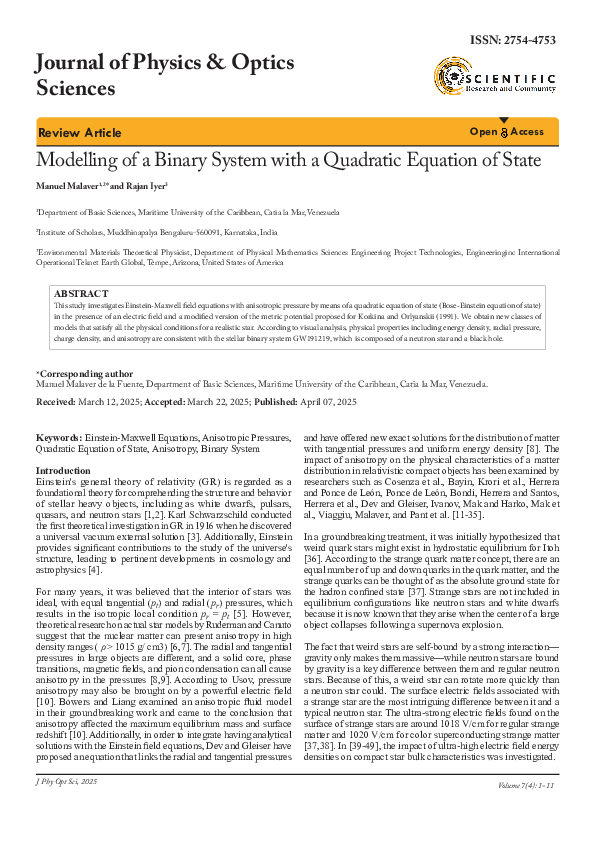 (PDF) Modelling of a Binary System with a Quadratic Equation of State