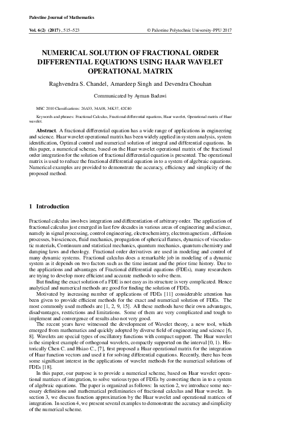 (PDF) Numerical Solution of Fractional Order Differential Equations ...