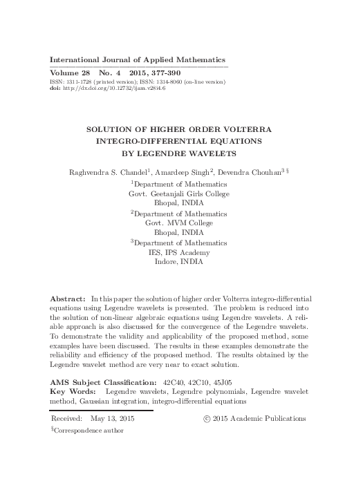 (PDF) Solution of Higher Order Volterra Integro-Differential Equations by Legendre Wavelets