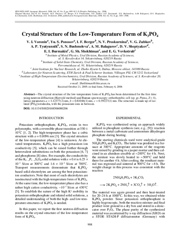 (PDF) Crystal structure of the low-temperature form of K3PO4