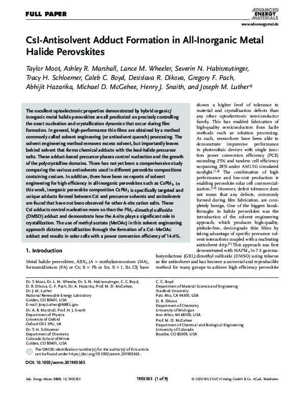 (PDF) CsI‐Antisolvent Adduct Formation in All‐Inorganic Metal Halide ...