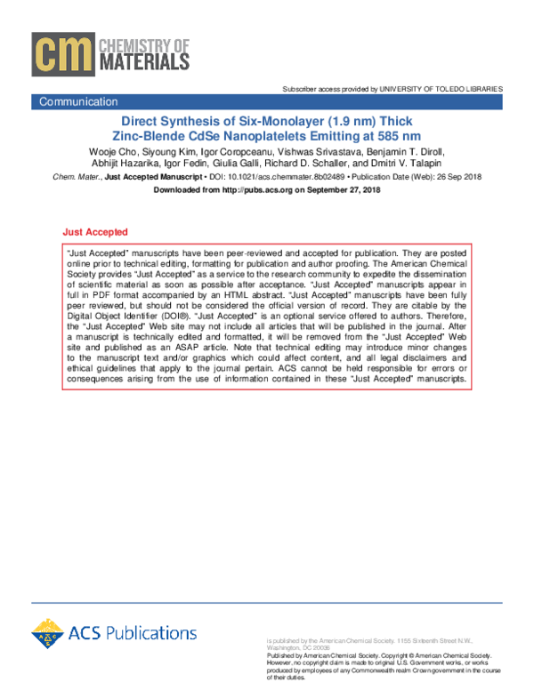 (PDF) Direct Synthesis of Six-Monolayer (1.9 nm) Thick Zinc-Blende CdSe ...