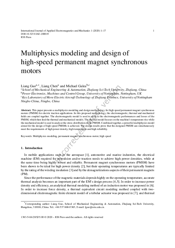 (PDF) Multiphysics modeling and design of high-speed permanent magnet synchronous motors
