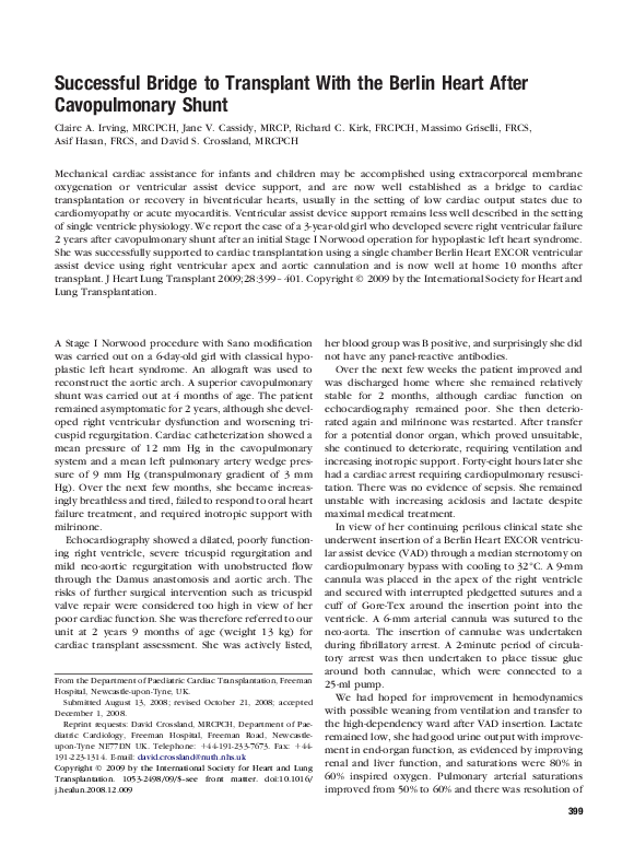 (PDF) Successful Bridge to Transplant With the Berlin Heart After ...