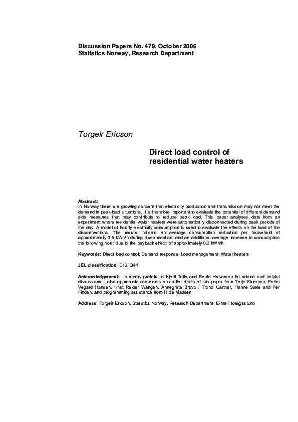 (PDF) Direct load control of residential water heaters