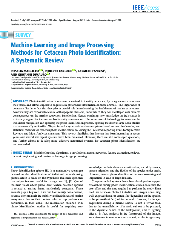 (PDF) Machine Learning and Image Processing Methods for Cetacean Photo ...