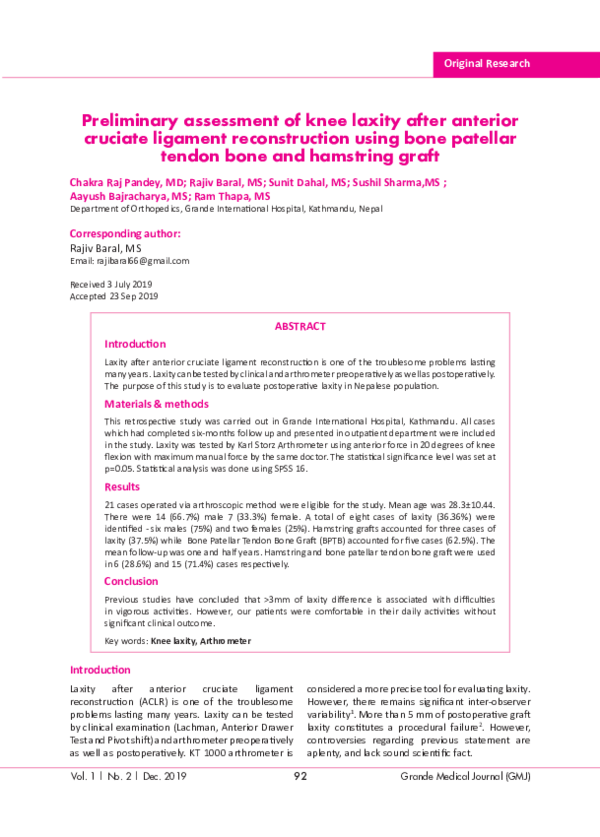 (PDF) Preliminary assessment of knee laxity after anterior cruciate ...