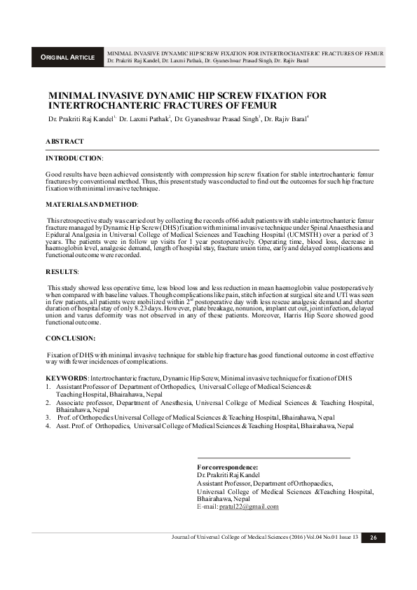 (PDF) Minimal Invasive Dynamic Hip Screw Fixation for Intertrochanteric ...