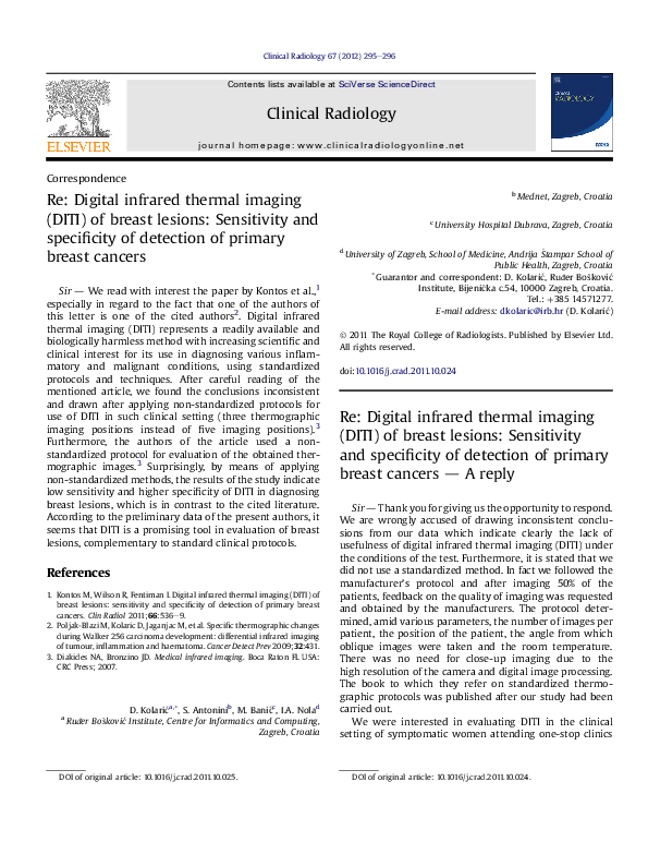 (PDF) Re: Digital infrared thermal imaging (DITI) of breast lesions: Sensitivity and specificity ...