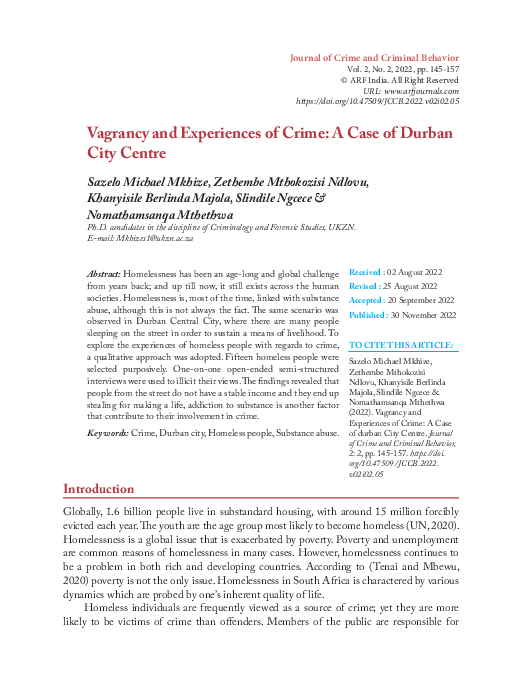 (PDF) Vagrancy and Experiences of Crime: A Case of Durban City Centre