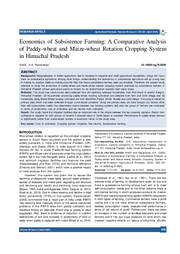 (PDF) Economics of Subsistence Farming: A Comparative Analysis of Paddy ...