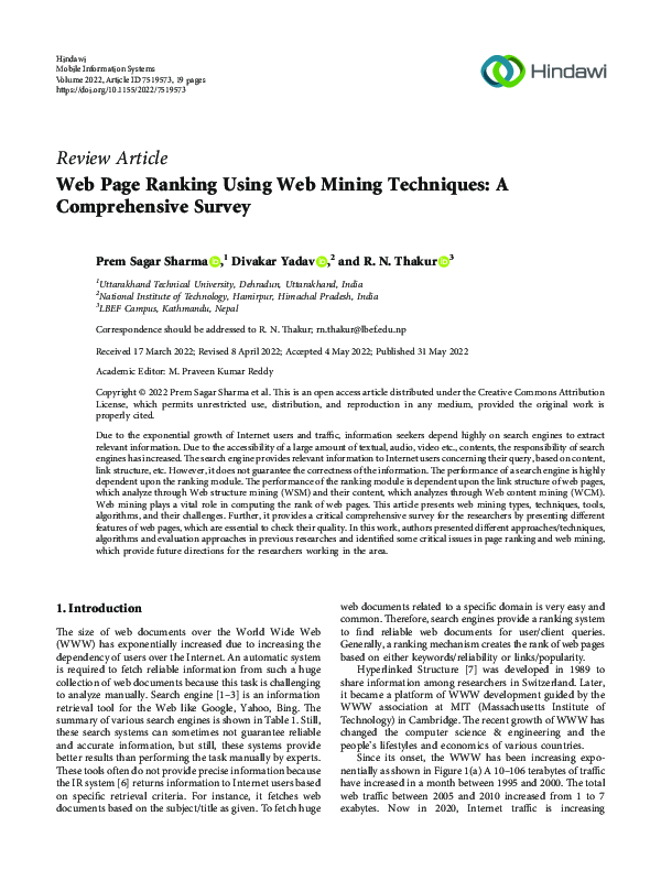 (PDF) Web Page Ranking Using Web Mining Techniques: A Comprehensive Survey