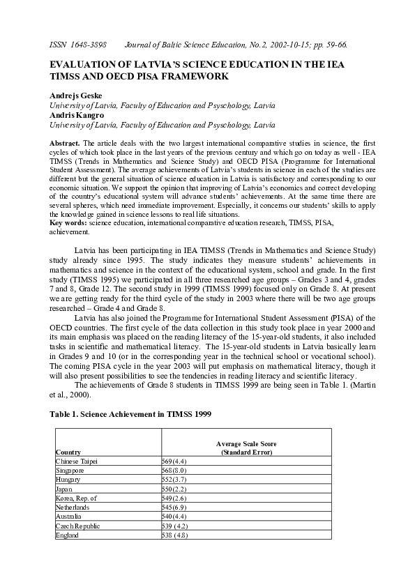 (PDF) Evaluation of Latvia’s Science Education in the Iea Timss and ...