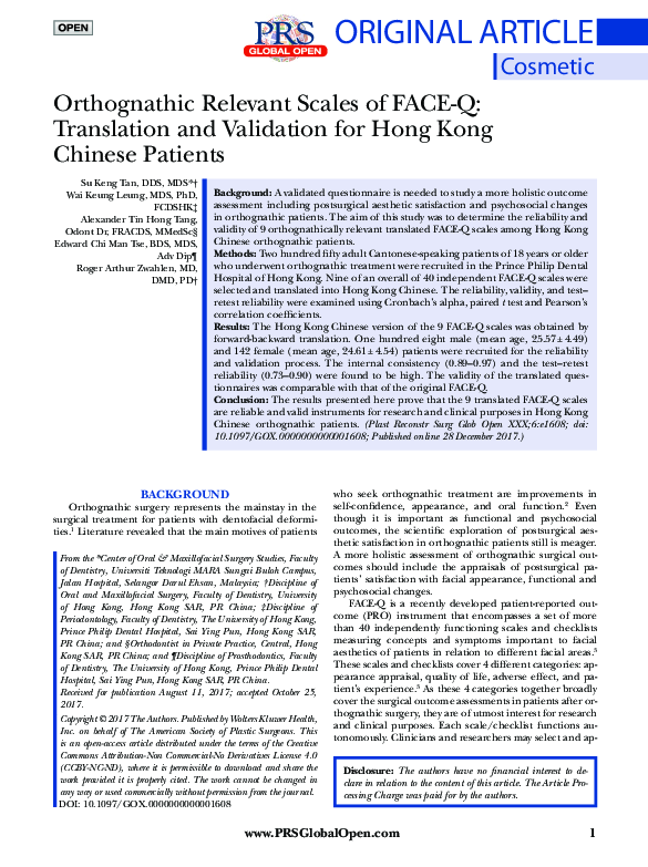 (PDF) Orthognathic Relevant Scales of FACE-Q: Translation and ...